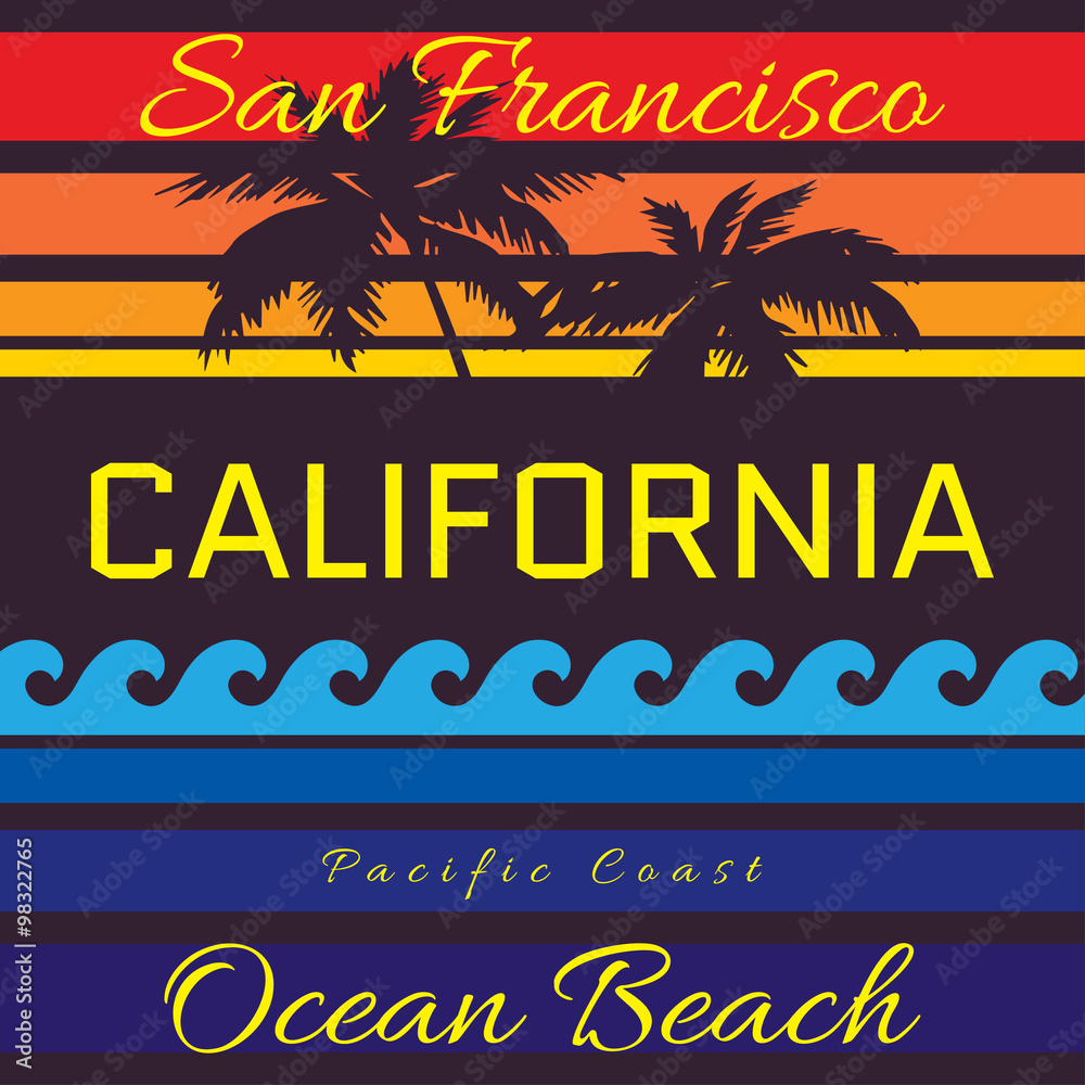 California beach Typography Graphics. San Francisco Ocean Beach. T ...