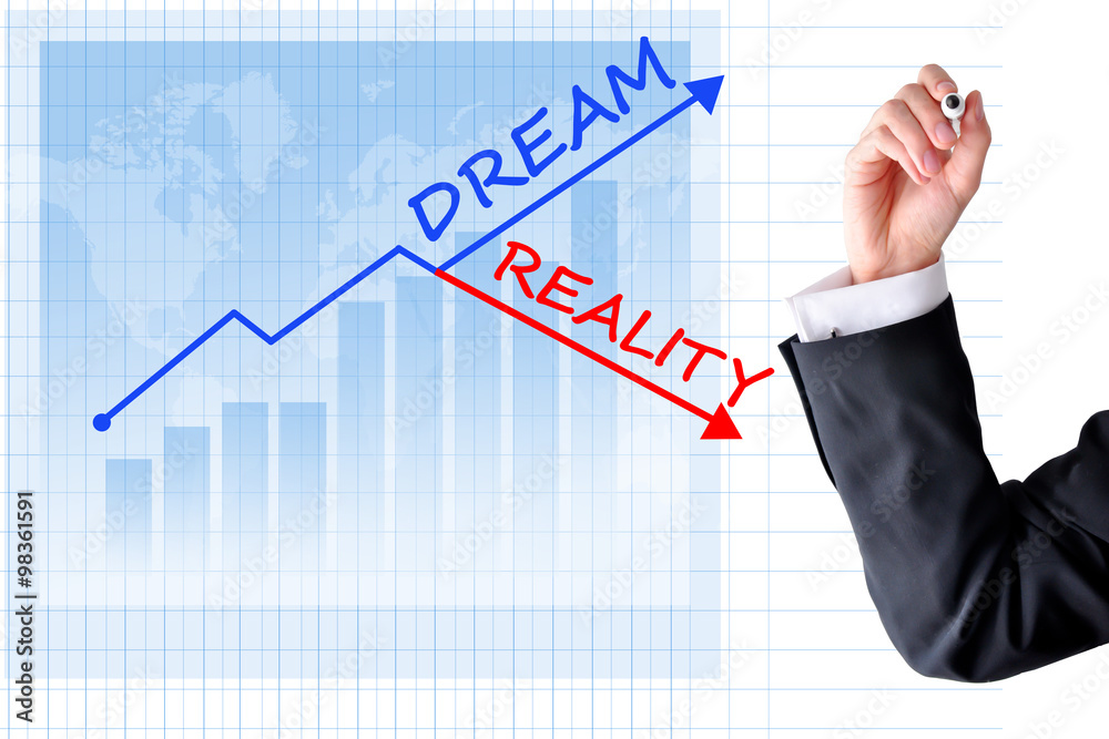 Business dream versus reality concept with bar graph and business man ...