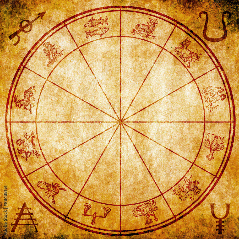 astrology chart and alchemy symbols on grunge background Stock ...