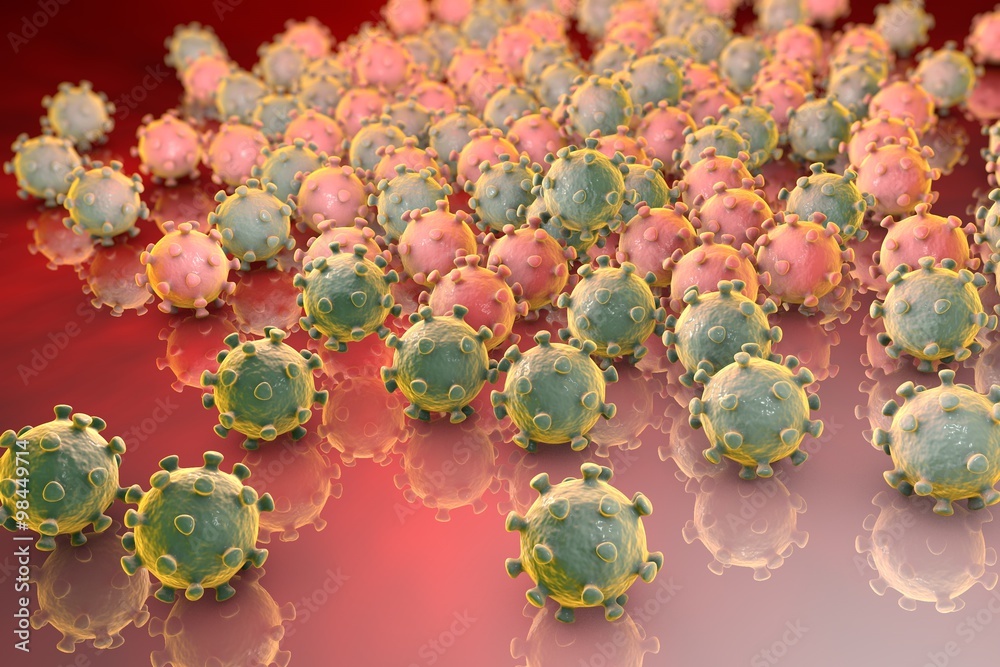 Background with viruses. Microscopic view of influenza virus ...
