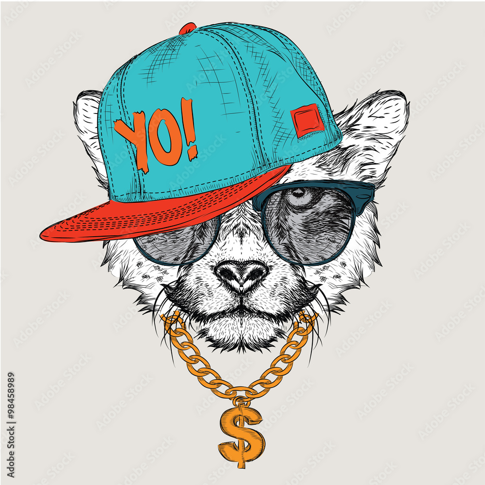 The poster with the image dog portrait in hip-hop hat. Vector ...