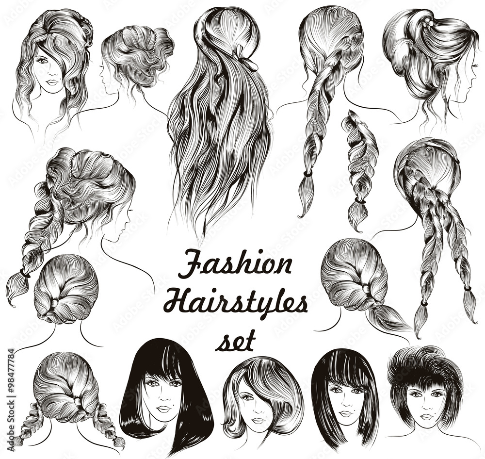 Fashion illustration different female hairstyles set in engraved Stock ...