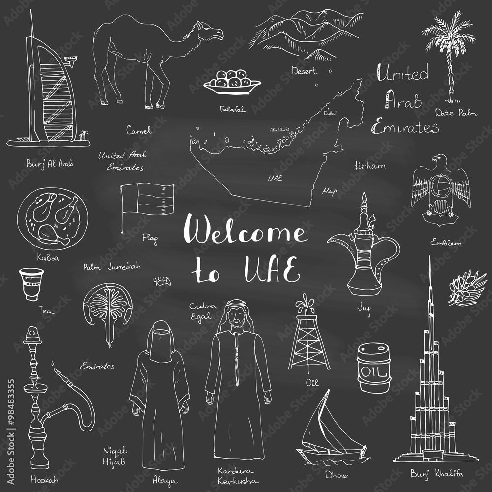 Vetor de Hand drawn doodle UAE set Vector illustration Sketchy Emirati ...