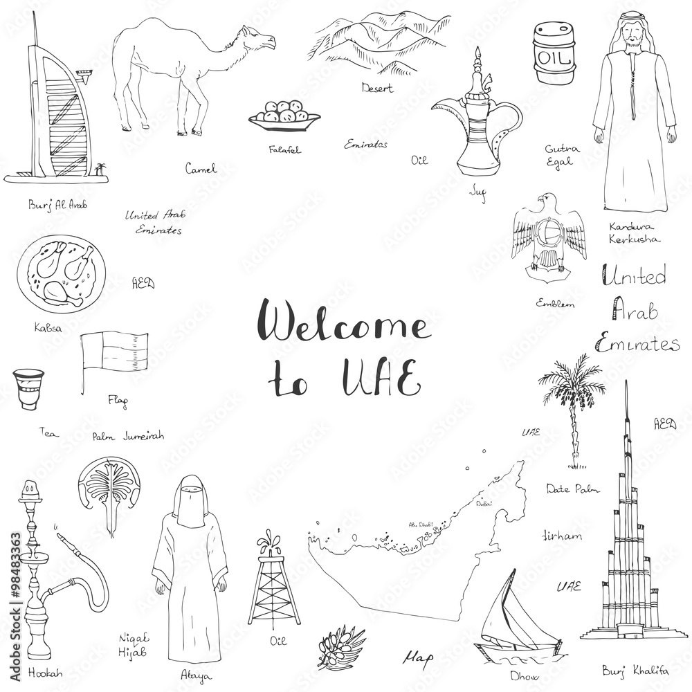 Hand drawn doodle UAE set Vector illustration Sketchy Emirati food ...