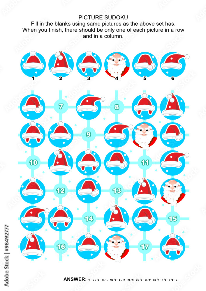 Christmas or New Year themed picture sudoku puzzle 6x6 (one block) with ...