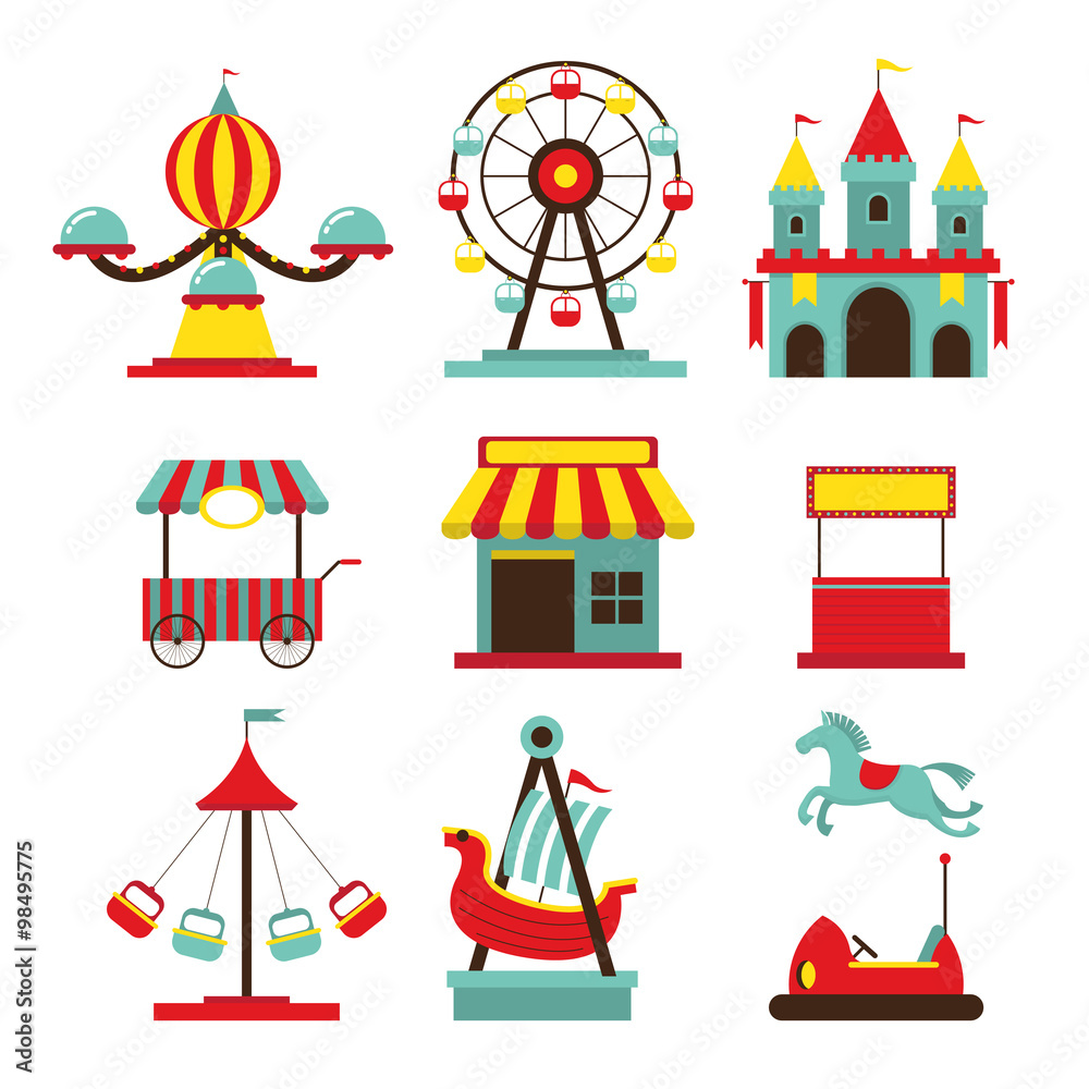 Amusement Park Objects Flat Icons Set, Theme Park, Carnival, Fun Fair ...