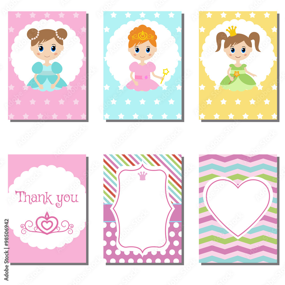 Set of cute creative cards with princess theme design. Stock Vector ...