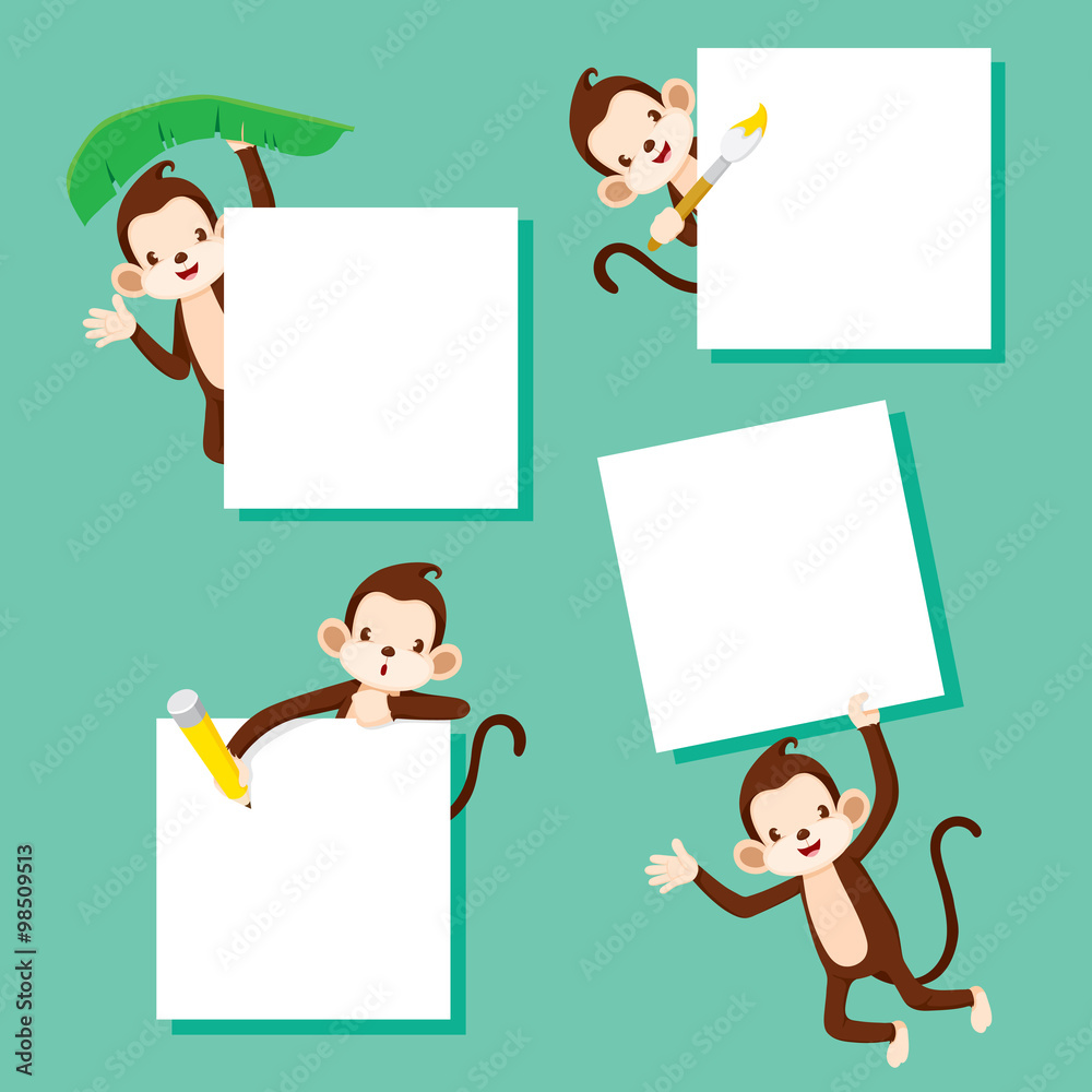 Monkey With Blank Sign Set, Animal, Education, Celebration, Festive ...