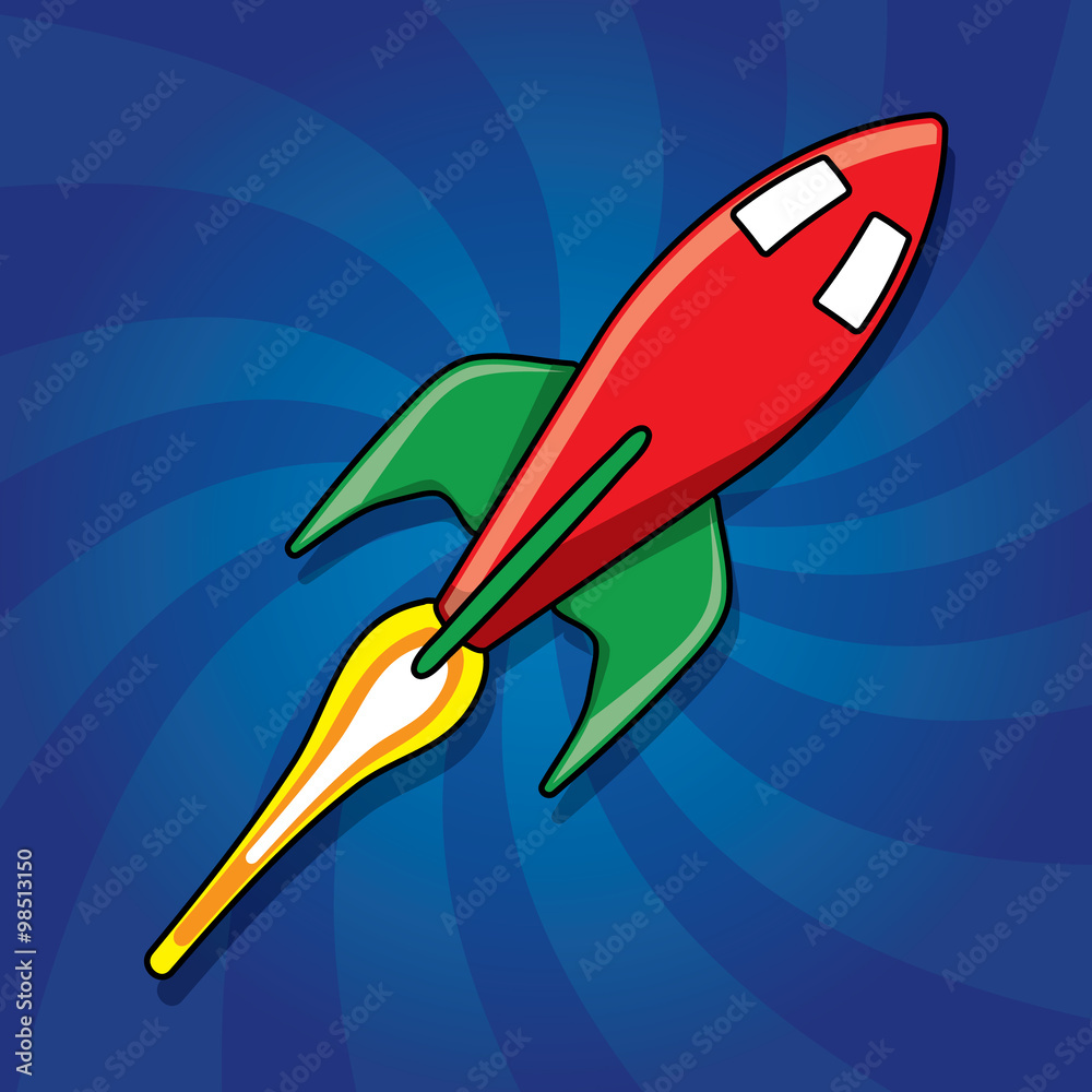 Shiny red rocket with fire flame on dynamic blue background Stock ...