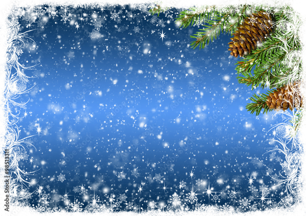 Blue Christmas background with white frost and branches of spruc Stock ...