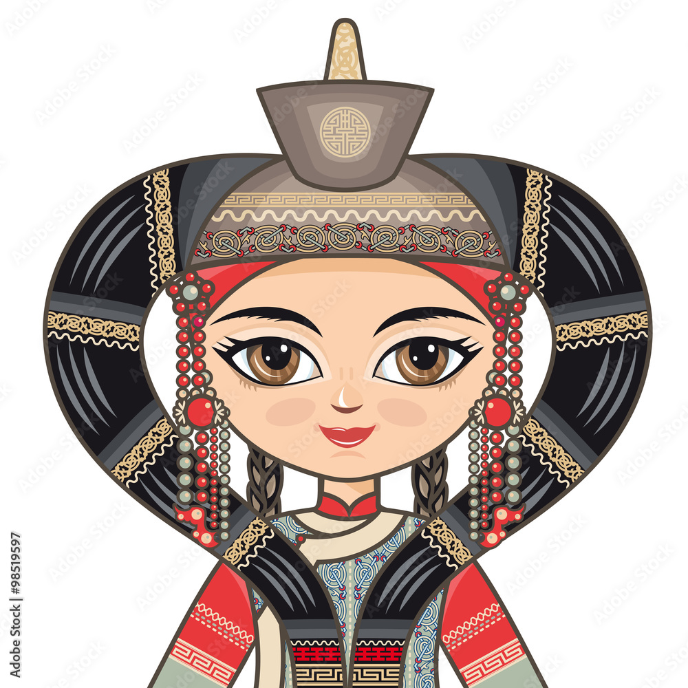 The girl in Buryat dress. Historical clothes. Linear pattern on a white ...