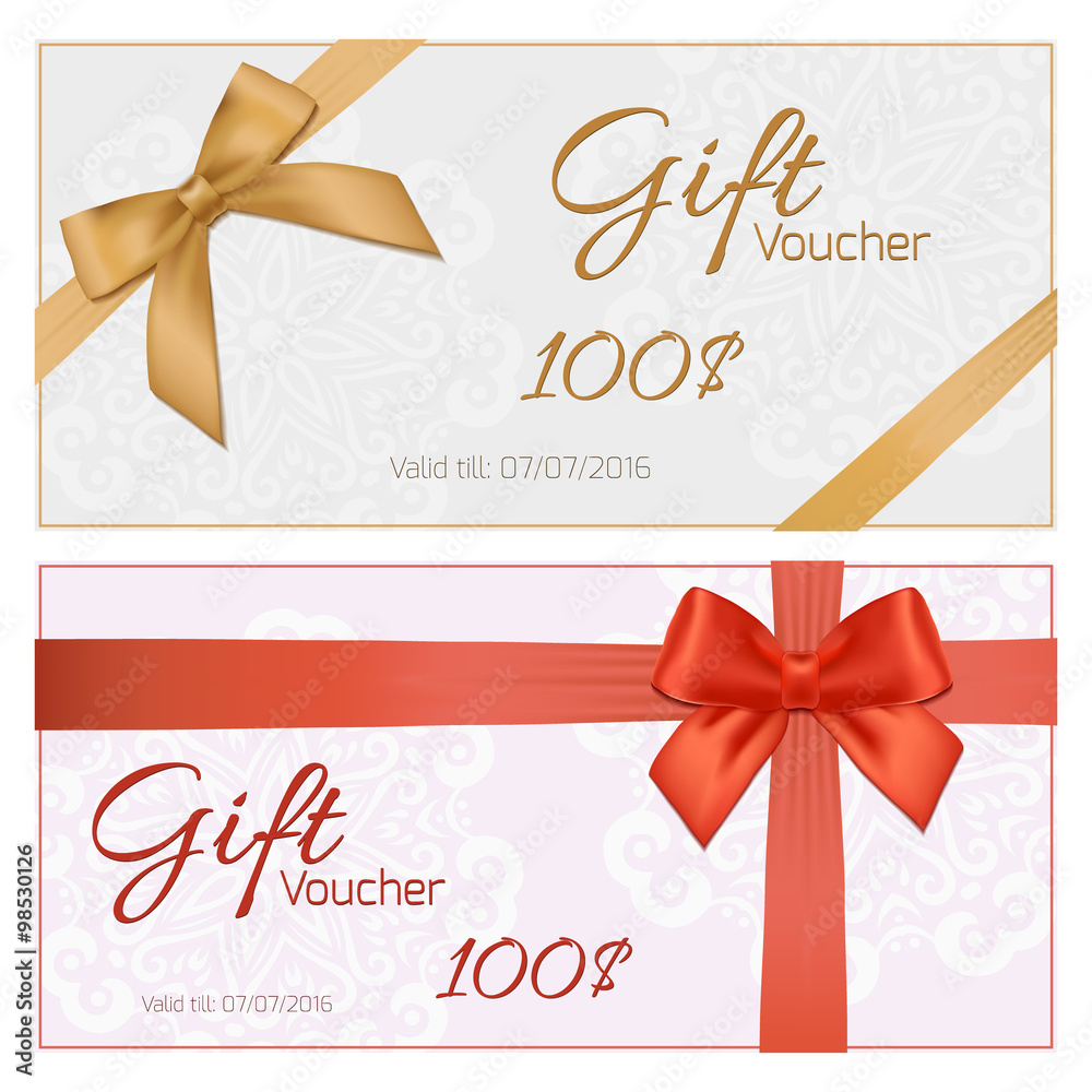 Voucher template with floral pattern, border, red and gold bow and ...