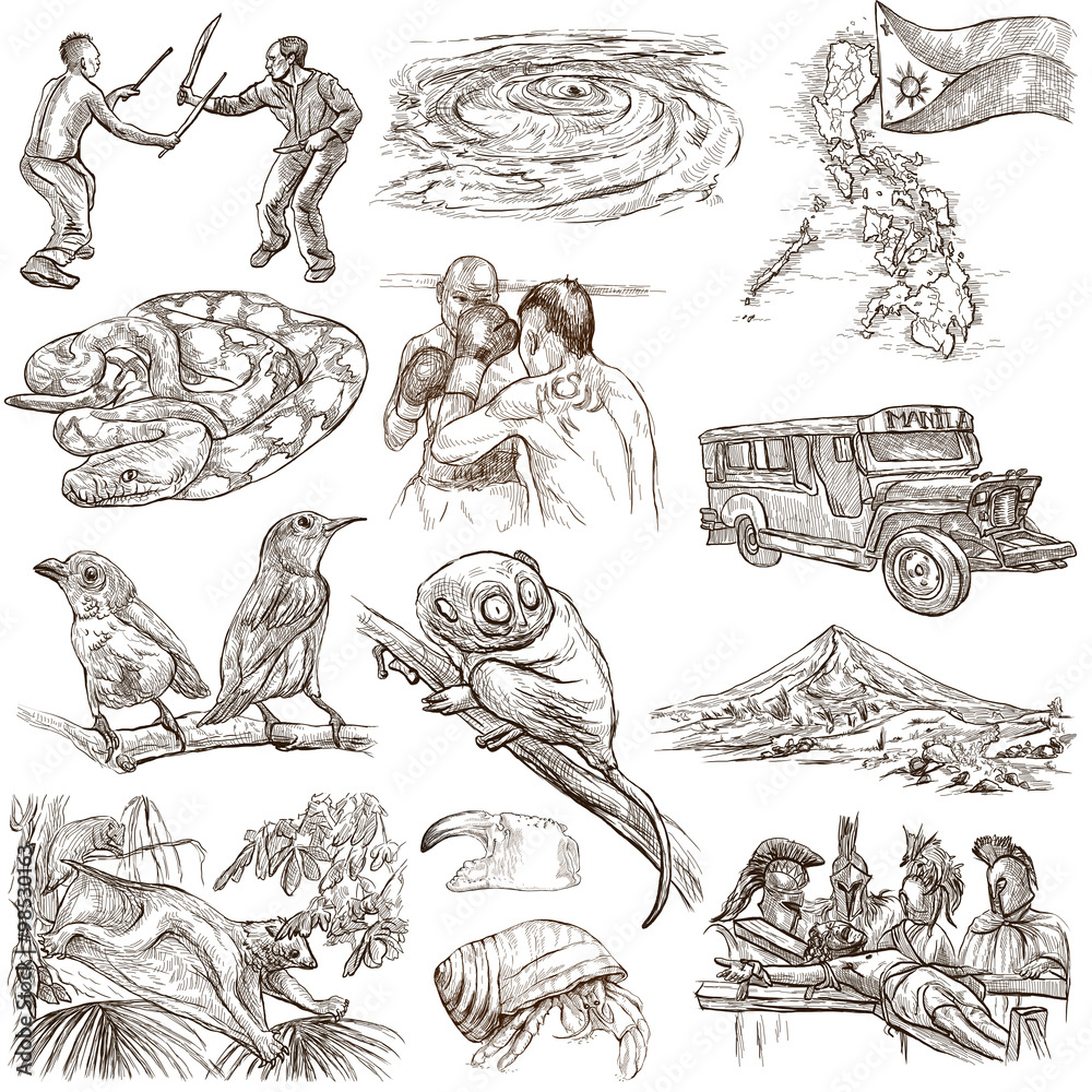 Travel - Philippines. Full sized hand drawings on white Stock ...