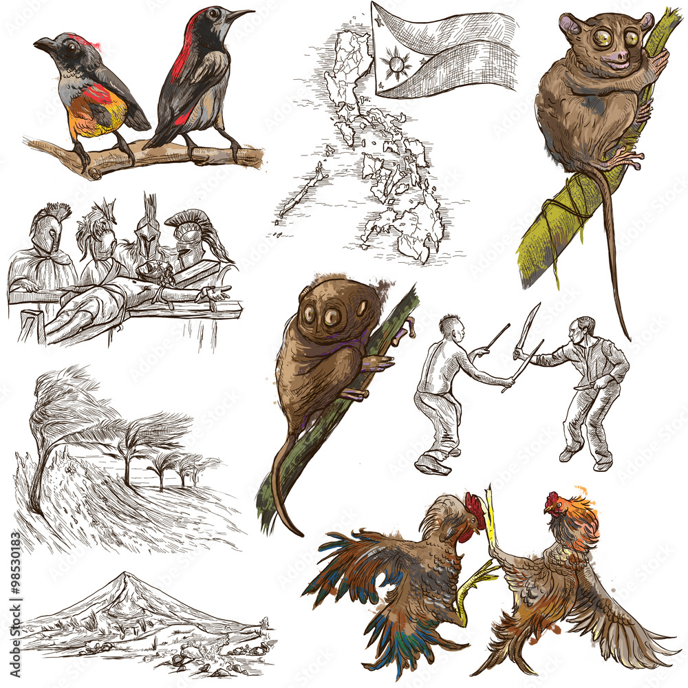 Travel - Philippines. Full sized hand drawings on white Stock ...