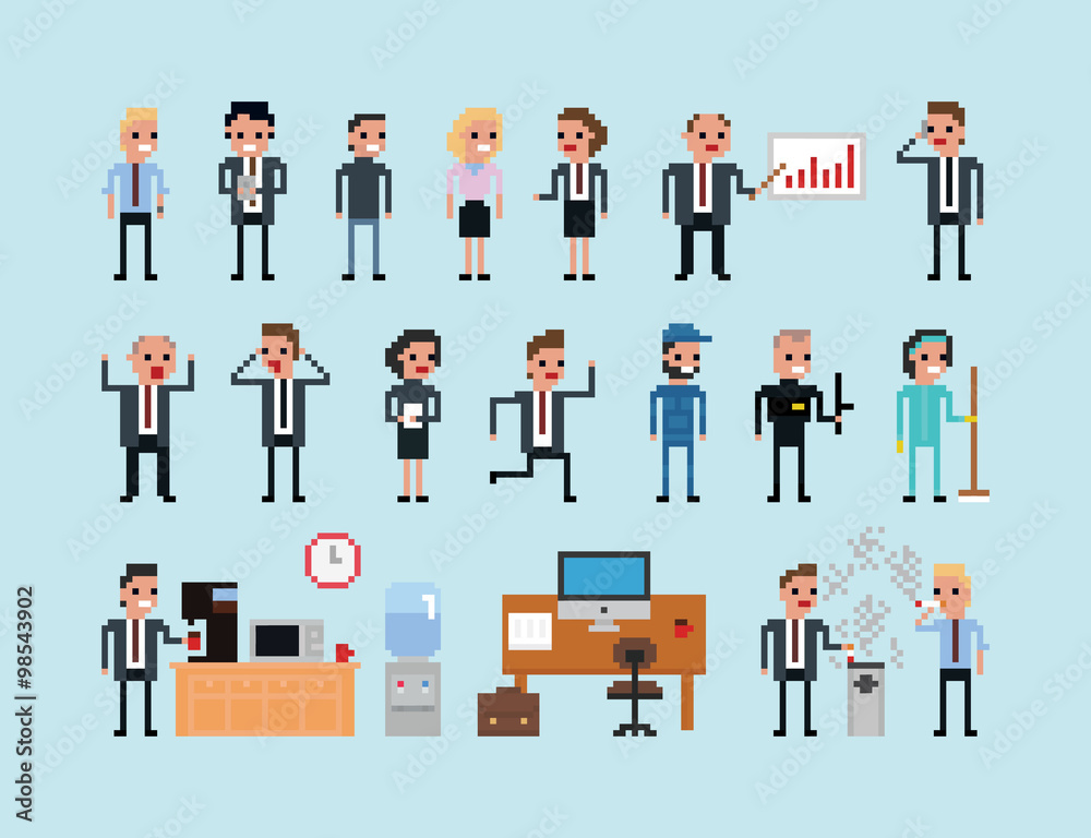 Set of pixel art people icons, office work vector illustration Stock ...