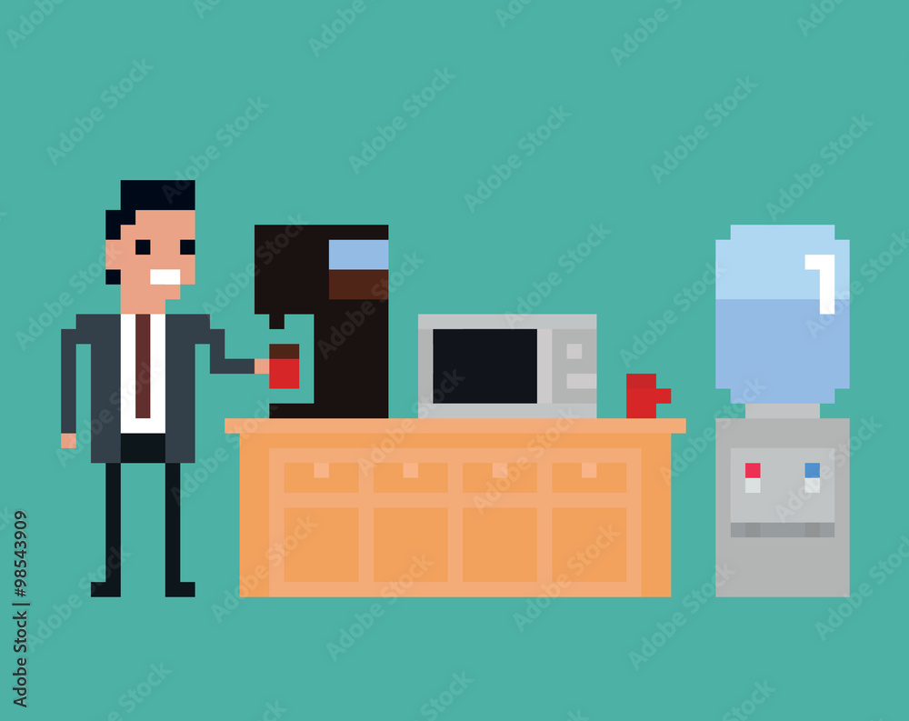 pixel art illustration of office worker pours drink in the kitchen ...