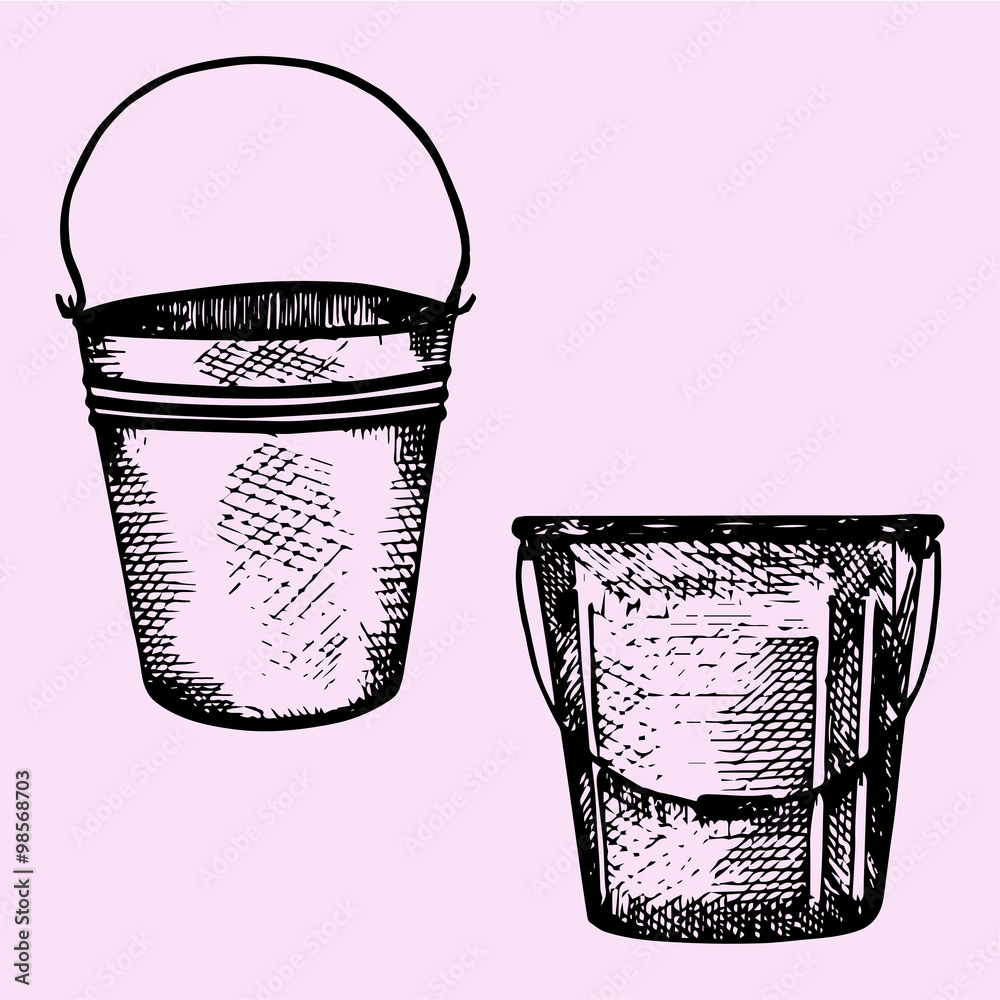 set of plastic bucket, metal bucket with handle, doodle style, sketch ...