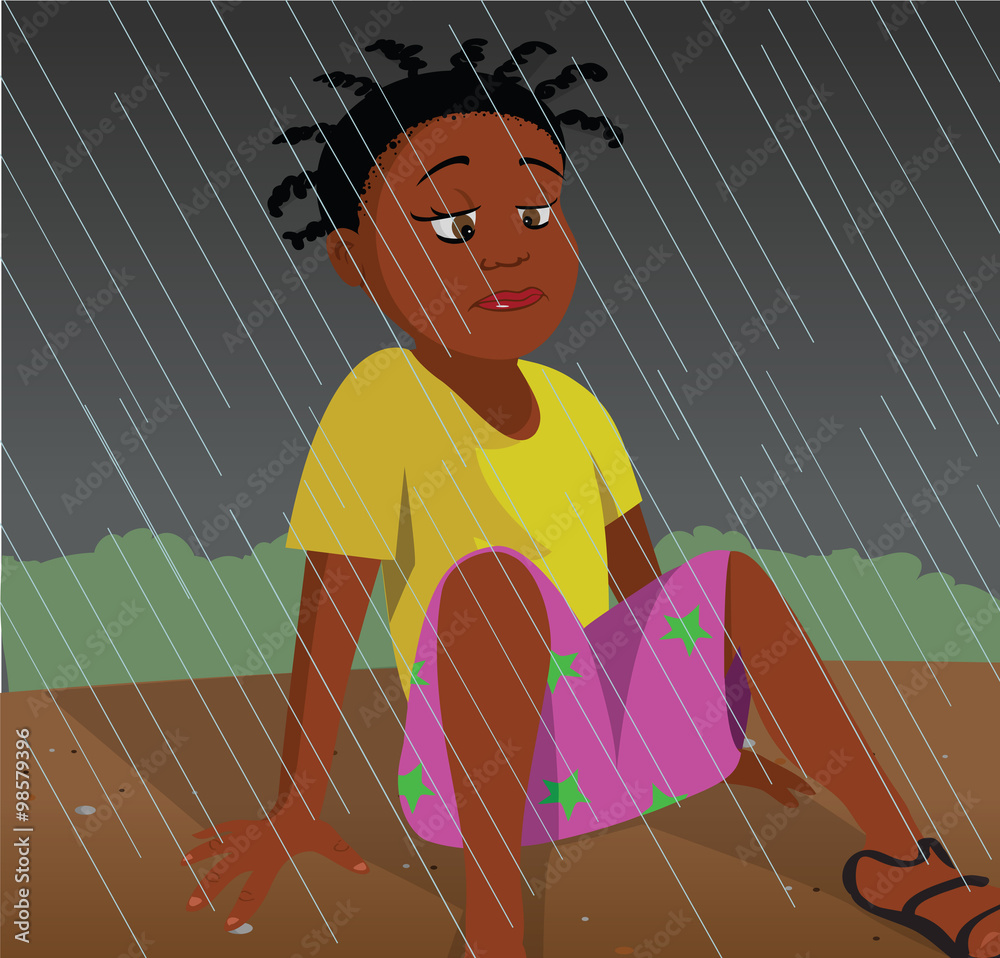 Cartoon illustration of a sad girl soaked Stock Vector | Adobe Stock