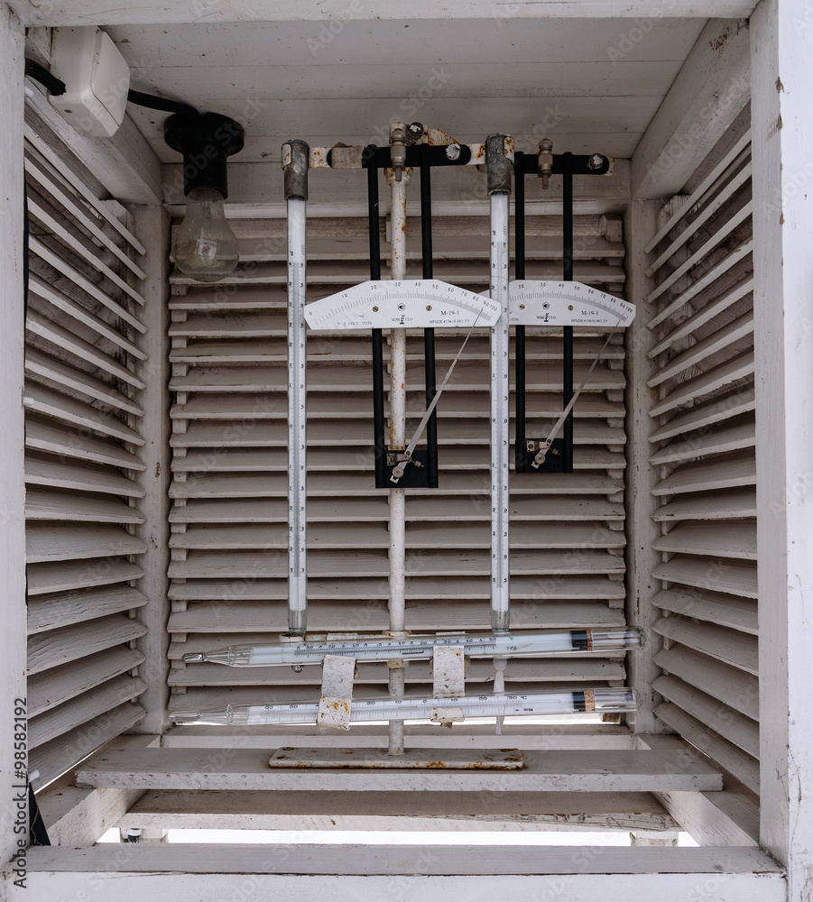 Weather station. Psychrometric booth with recorders - hygrographs and ...