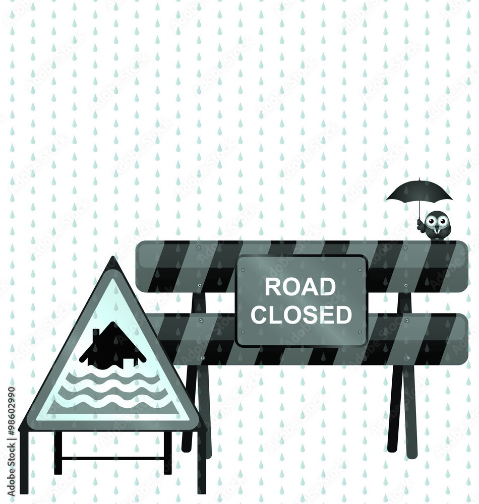 Road closed barrier with severe flood warning sign Stock Illustration ...