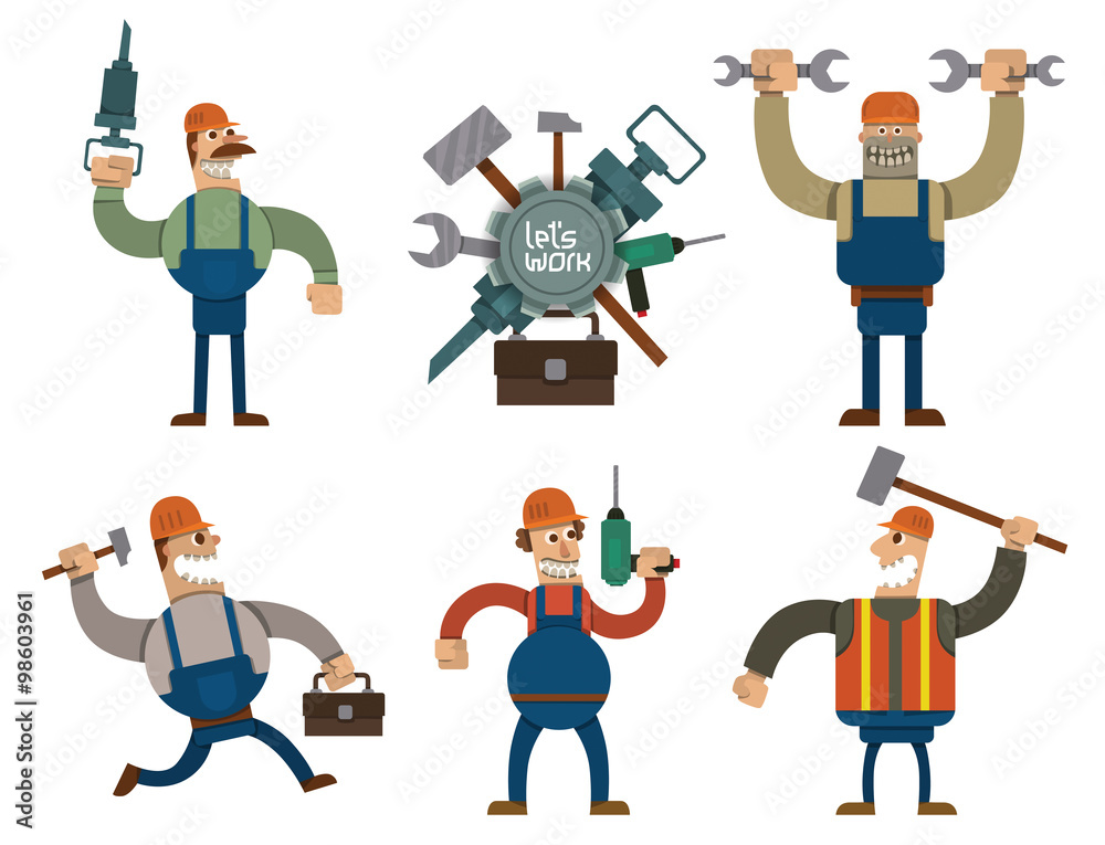 Vetor do Stock: Vector Set of Strong workers in flat style. Cartoon ...