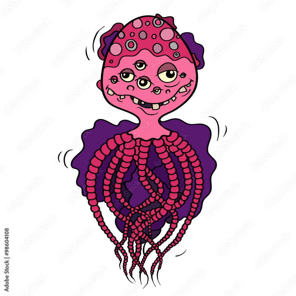 The sea octopus, the cartoon colored monster, an violet and pink body ...