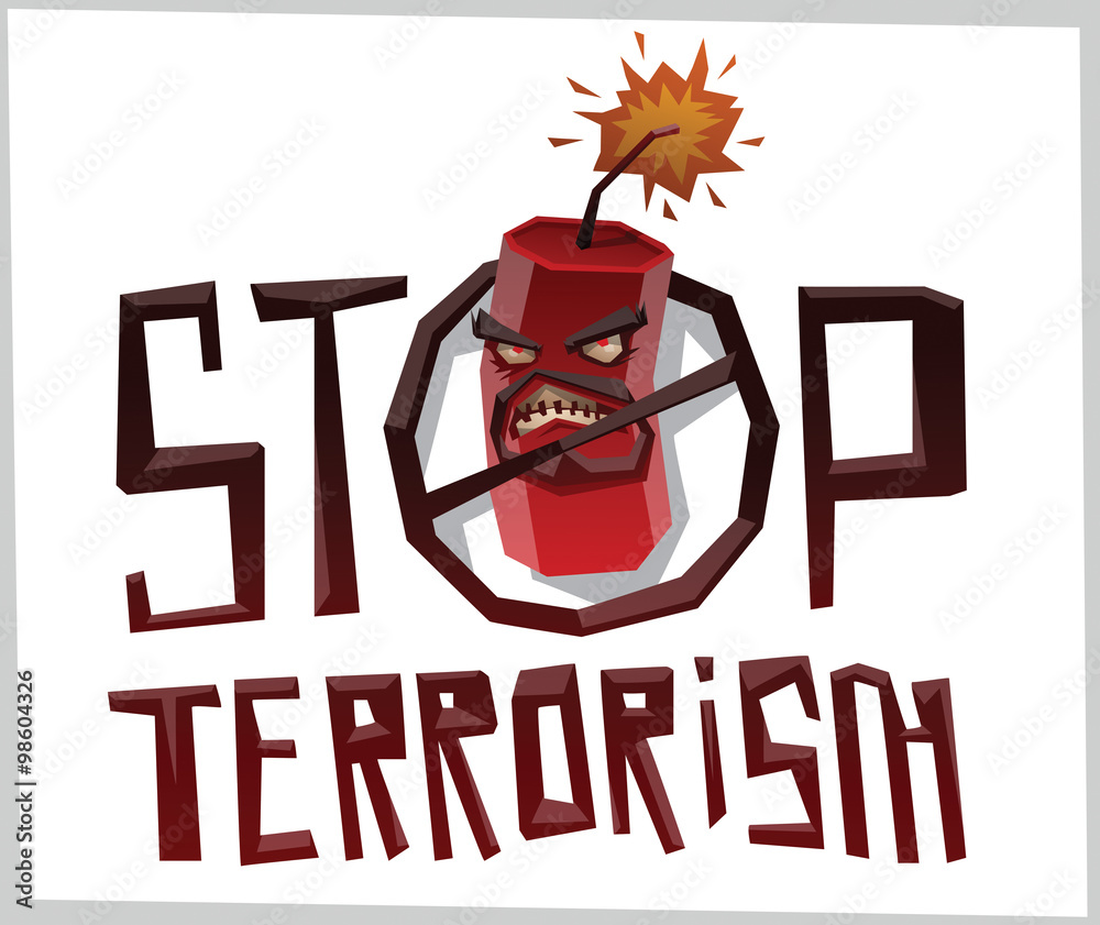 Vector big round emblem with the sign against terrorism with cartoon ...