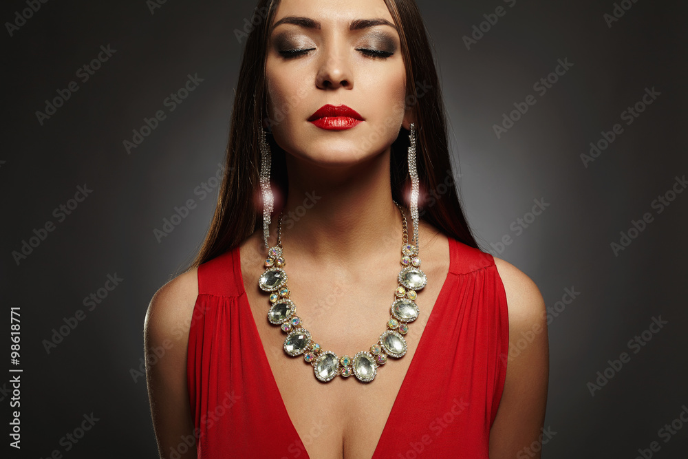 Young Beautiful Sexy Womanbeauty Girl Wearing Jewelrylady In Red Dress Stock Foto Adobe Stock