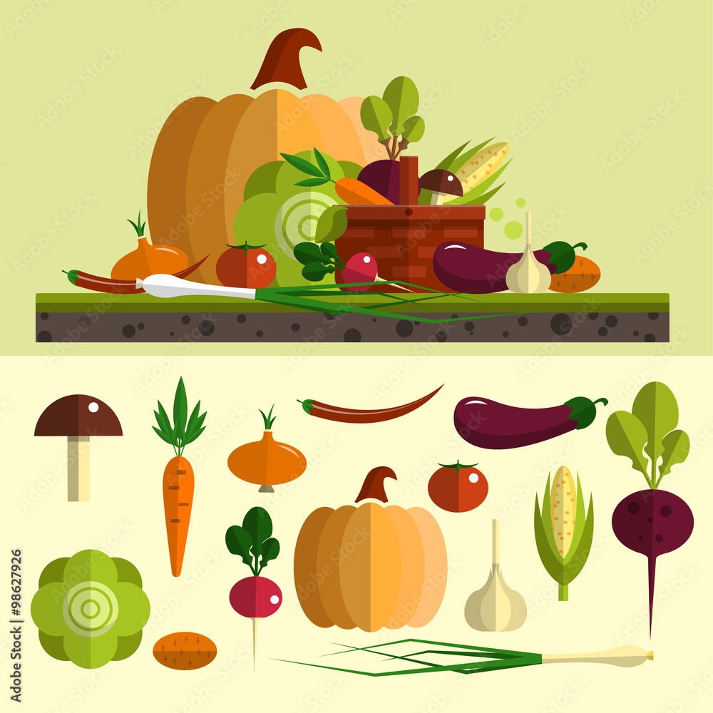Vegetables icons vector set in flat style. Isolated design elements ...