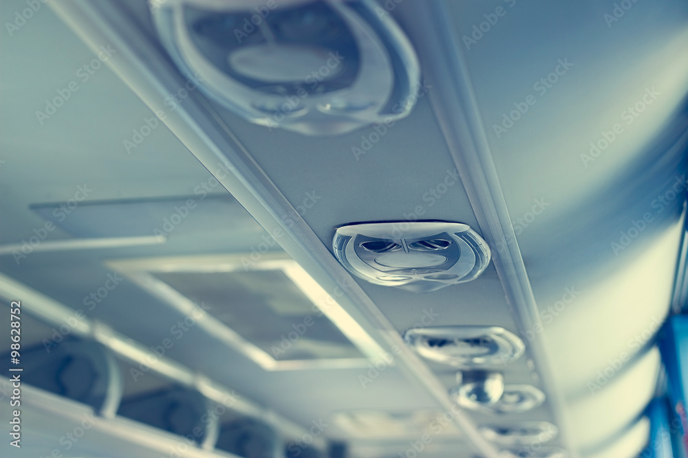 Row of airconditioning system in shuttle bus, making cool fresh air ...