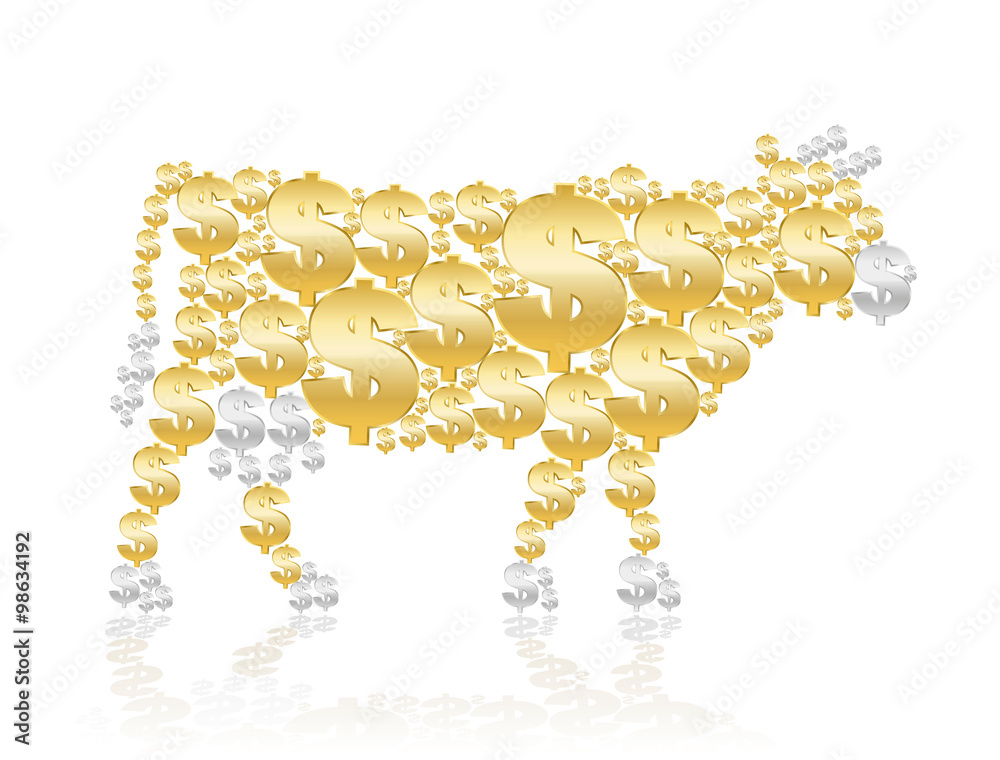 Cash cow composed of golden and silver dollar symbols. Isolated vector ...