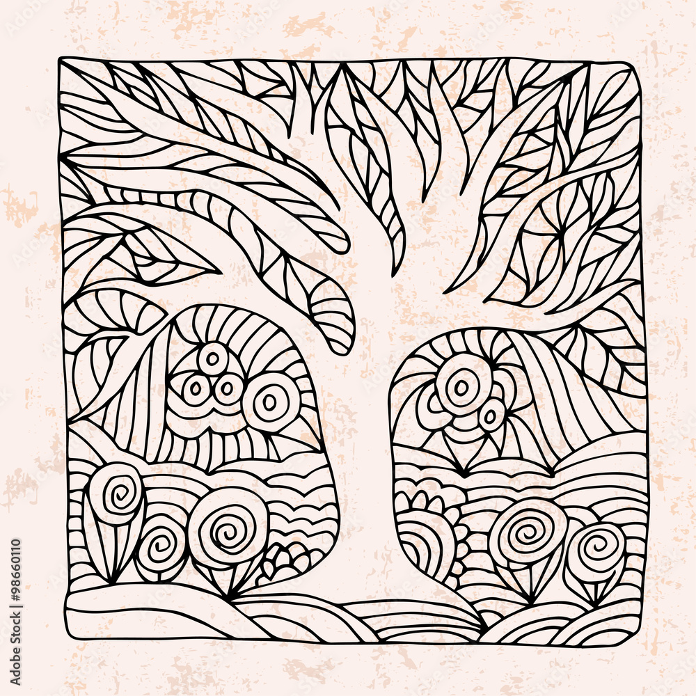 Zentangle with tree and flowers Stock Vector | Adobe Stock