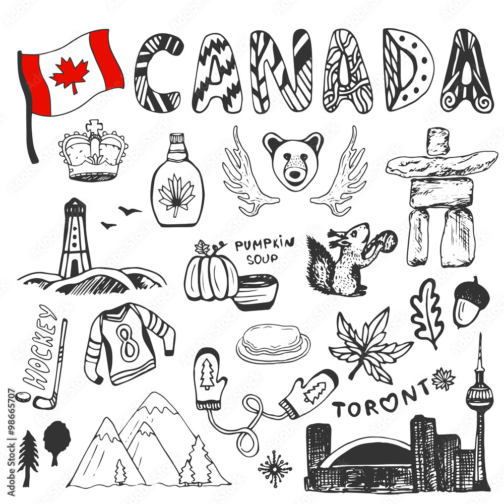 Sketch hand drawn collection of Canada symbols. Canadian culture set ...