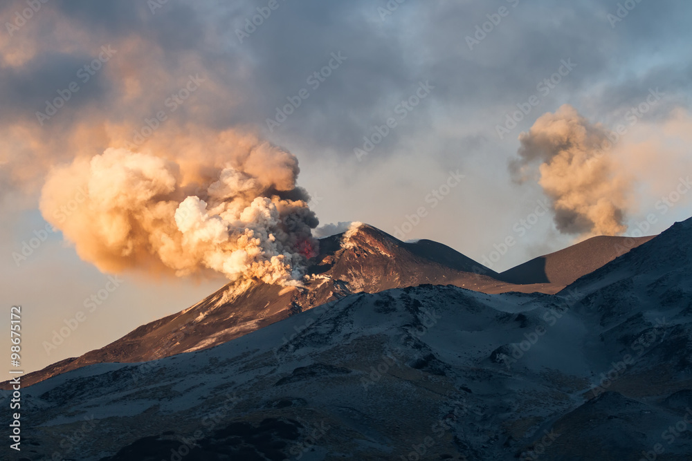 Volcano eruption. Mount Etna erupting from the crater Southeast Stock ...