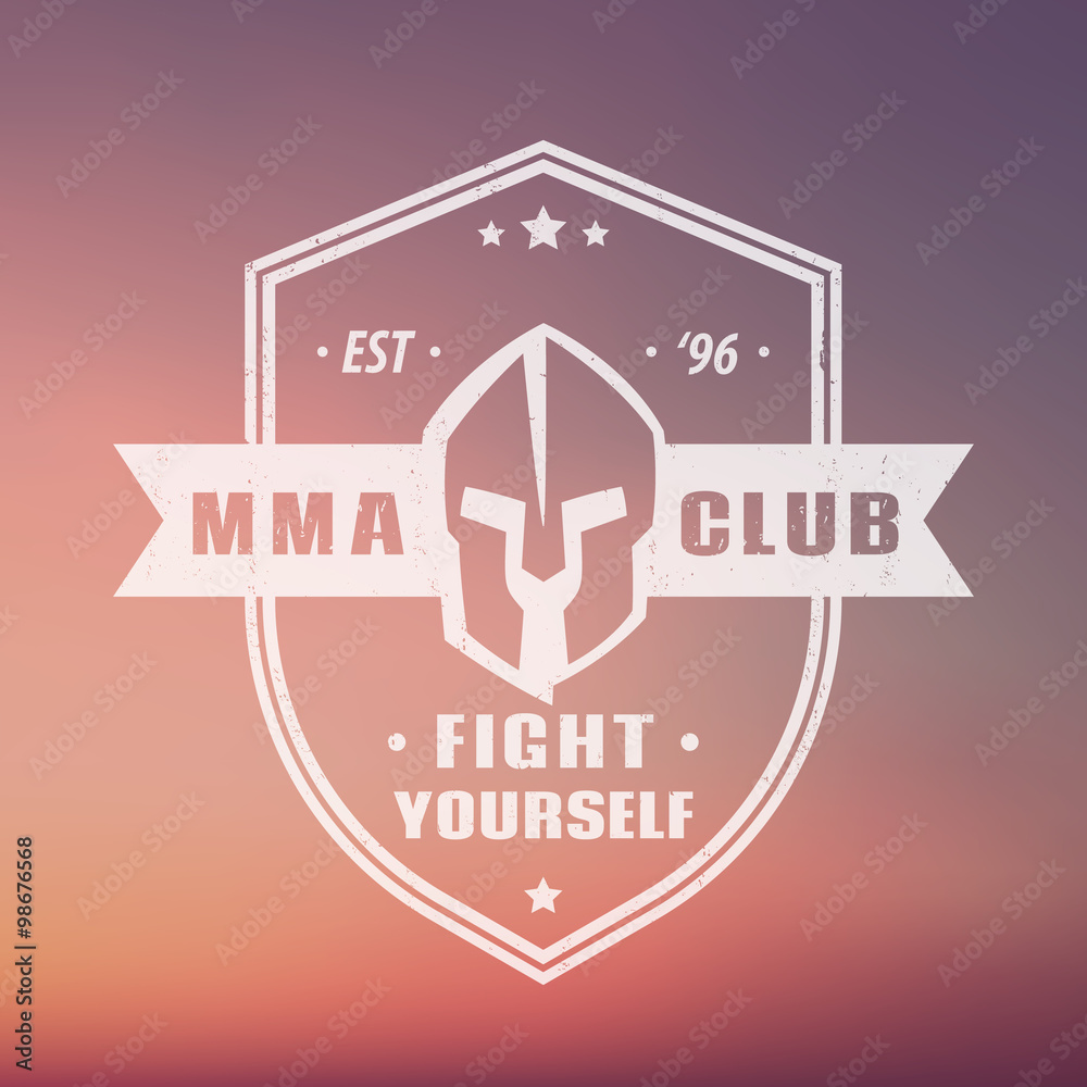 MMA Club vintage white logo with spartan helmet on shield, vector ...