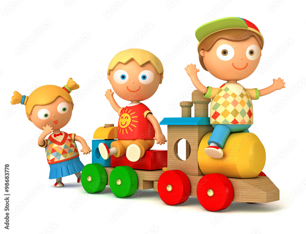 Funny puppet schoolboy and schoolgirl play toy train. Isolated on white ...