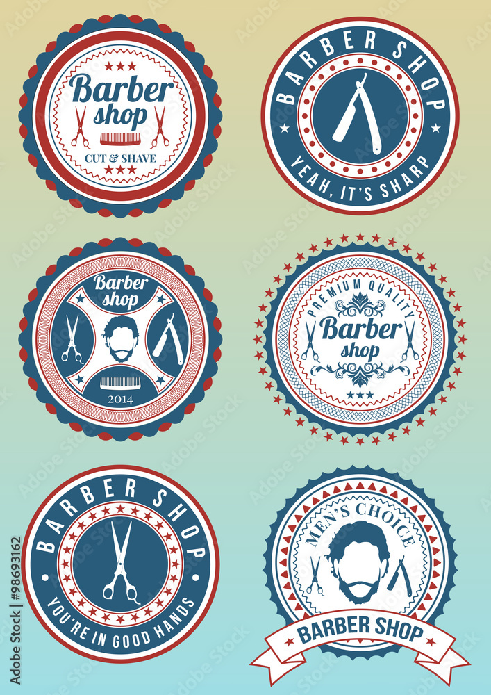 Set of barber shop red and blue badges isolated on gradient background ...