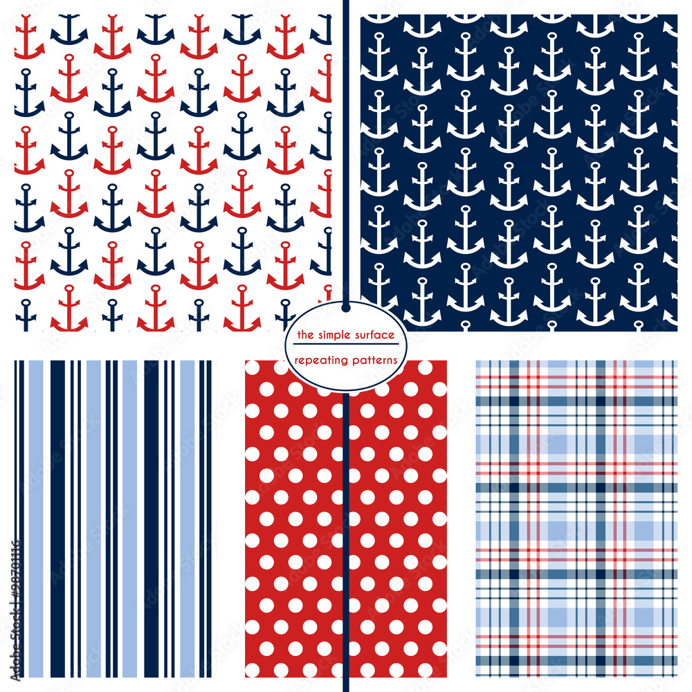 Nautical seamless pattern set. Red, white and blue repeating patterns ...