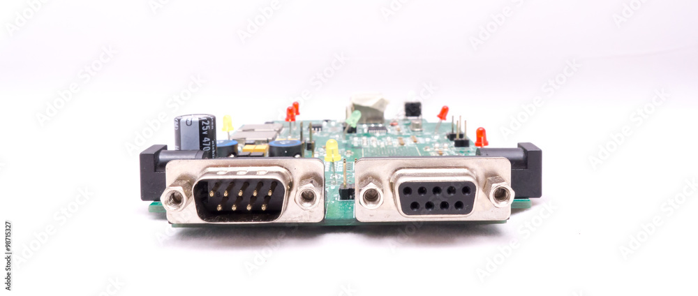 Serial port and green PCB circuit with white background Stock Photo ...