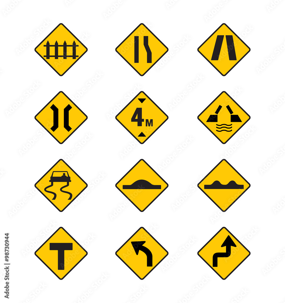 yellow road signs, traffic signs vector set Stock Vector | Adobe Stock