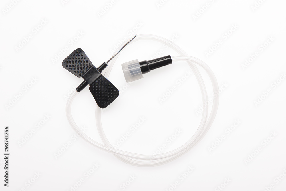 Black butterfly catheter with open needle isolated on white background ...