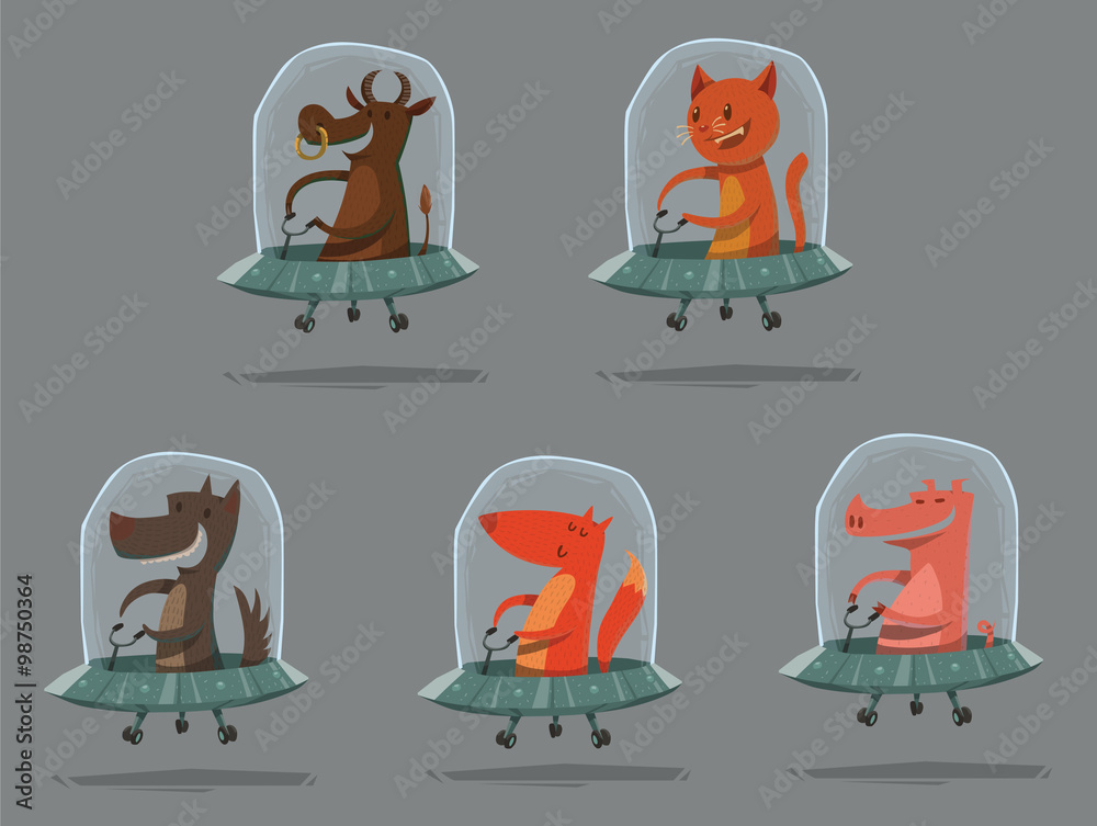 Vector Set of funny animals in UFO. Cartoon images of animals in gray ...