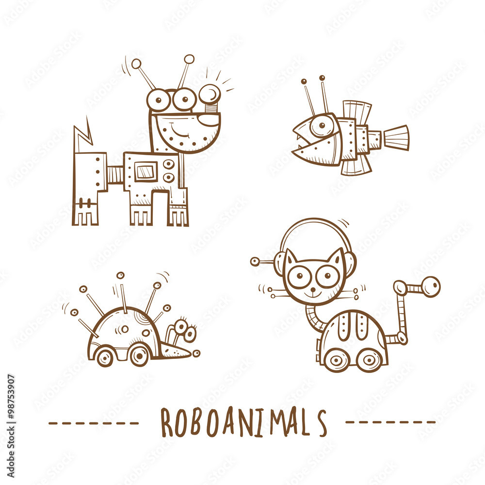 Cartoon robots animals set. Vector image. Doodle stile. Stock Vector ...