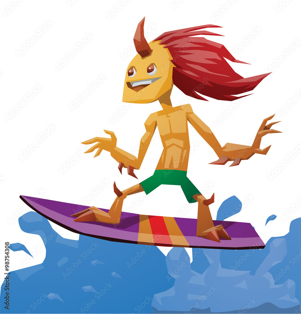 Vector cartoon image of a yellow monster of surfing with red hair with ...
