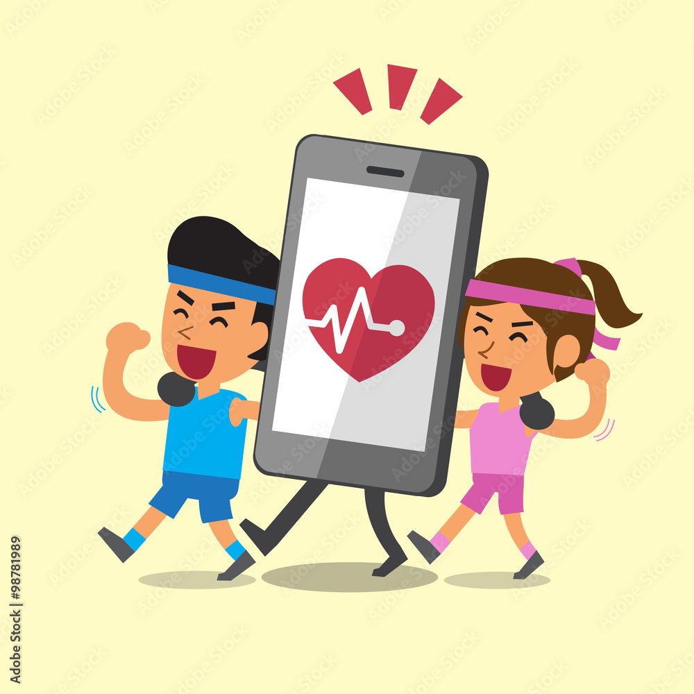 Cartoon sport people walking with smartphone Stock Vector | Adobe Stock
