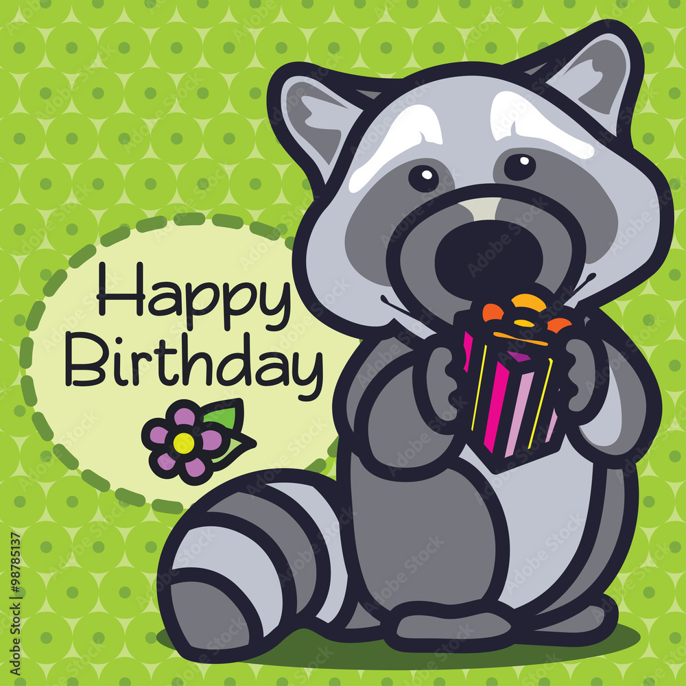Card. Happy Birthday. raccoon Stock Vector | Adobe Stock