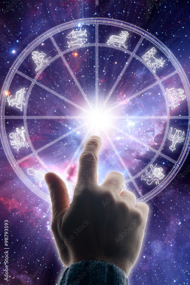 hand touching a zodiac chart with all astrology signs Stock Photo ...