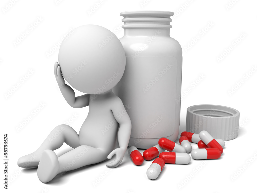 3d man and lots of pills. 3d image. Isolated white background. Stock ...