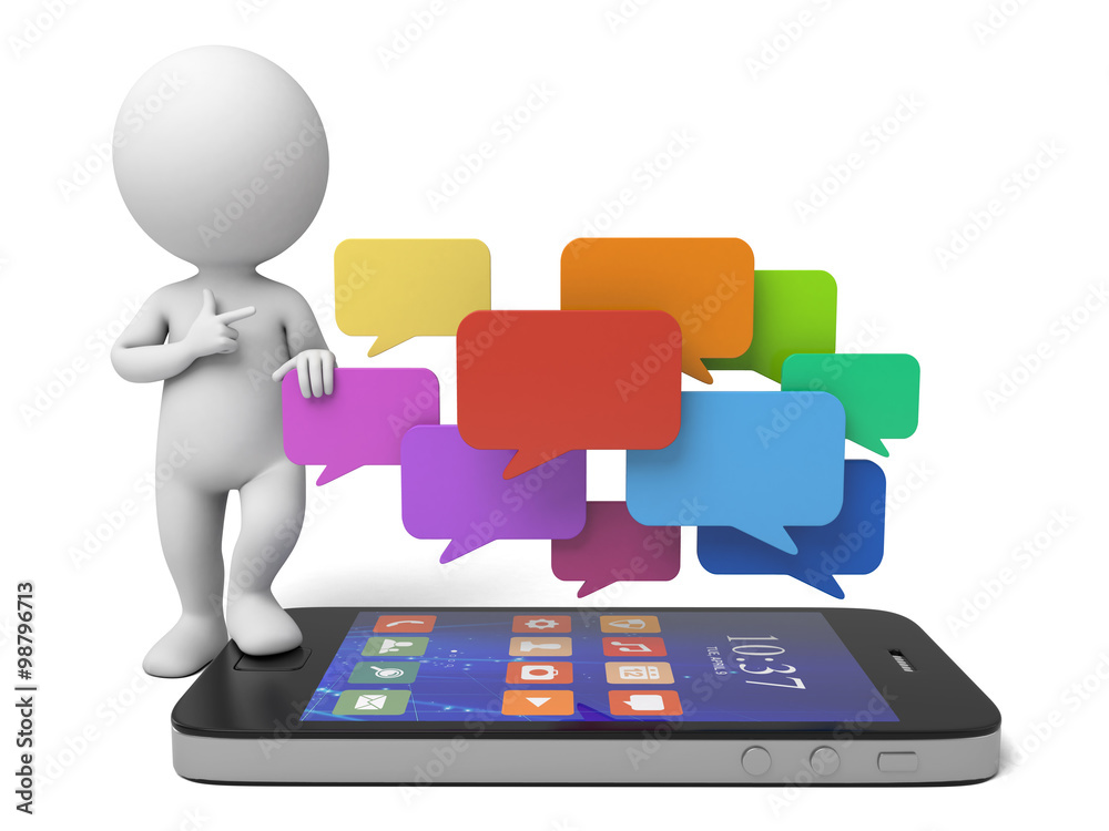 3d people with a smart phone and some speech bubble. 3d image. Isolated ...