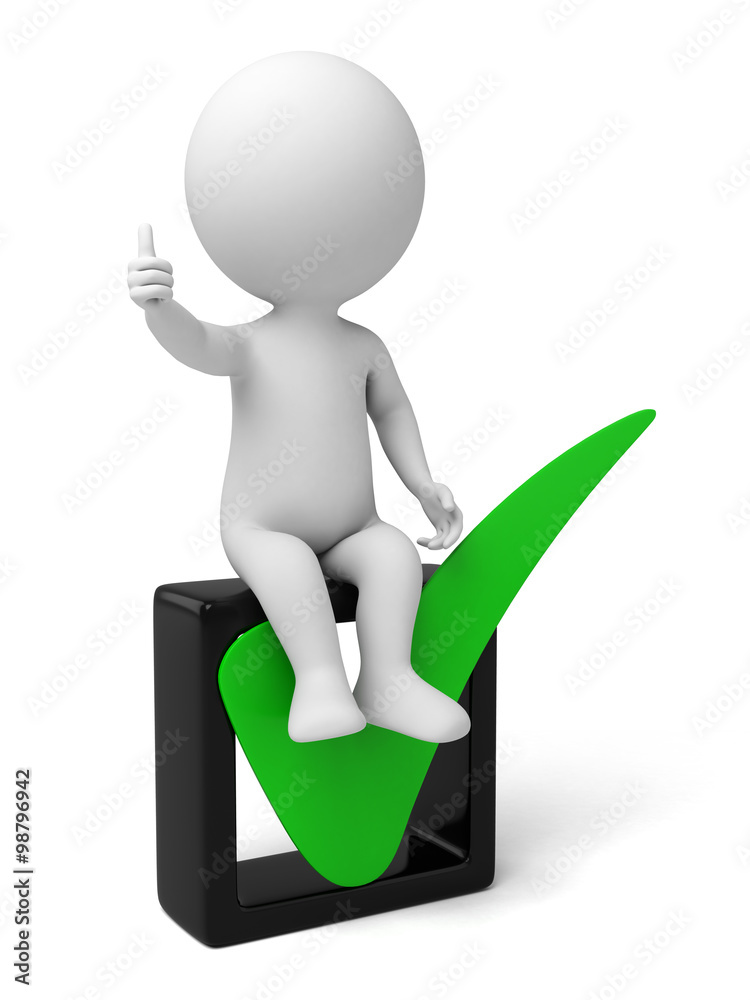 3d small person sitting on a big check mark. 3d image. Isolated white ...